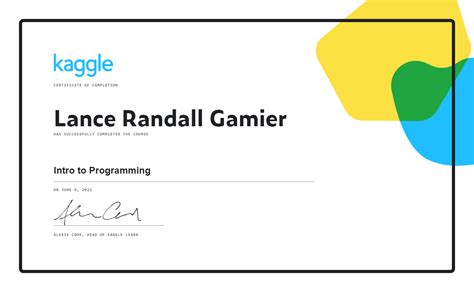 lance randall gamier completed the intro to programming course on kaggle