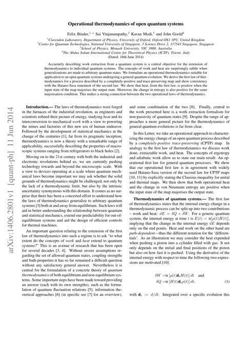 PDF Operational Thermodynamics Of Open Quantum Systems