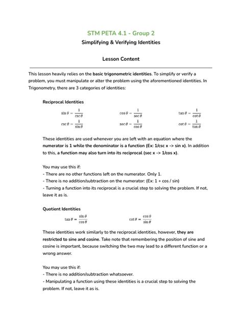 Stm Verifying Trigo Identities Pdf Trigonometric Functions