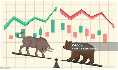 상승 추세를위한 투쟁에서 곰에 대한 황소의 우월성 주식 시장의 예증으로서의 규모 위쪽 아래쪽 화살표 암호 화폐 증권 거래소 벡터 배너가있는 그래프 가격에 대한 스톡 벡터