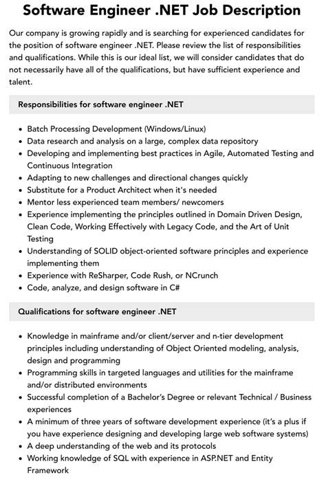 Software Engineer Net Job Description Velvet Jobs