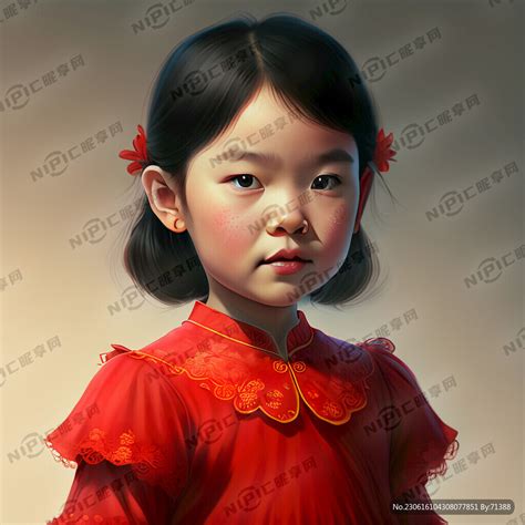 Ai创作图穿着漂亮红色裙子的小女孩 五六岁左右 活泼可爱 昵图网