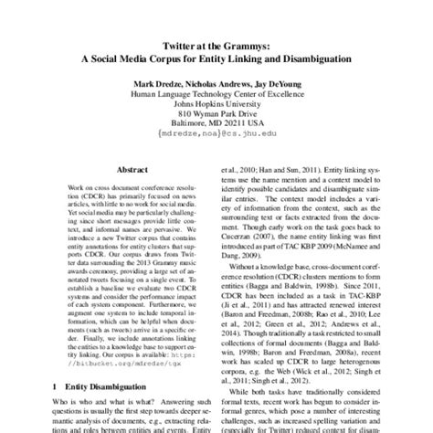 Twitter At The Grammys A Social Media Corpus For Entity Linking And Disambiguation Acl Anthology