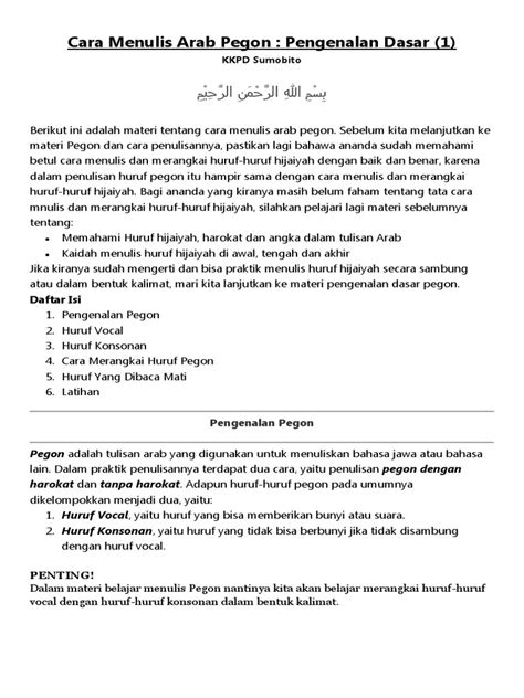 Cara Menulis Arab Pegon Pengenalan Dasar 1 Pdf