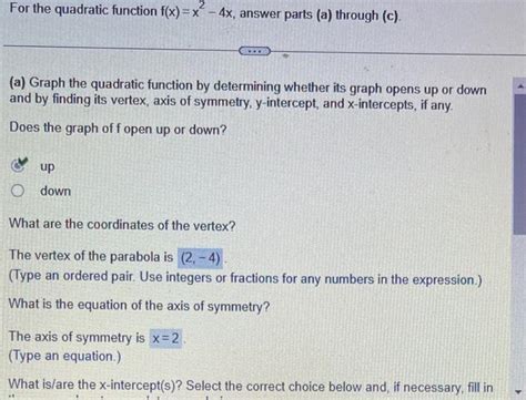 Solved For The Quadratic Function F X X2−4x Answer Parts