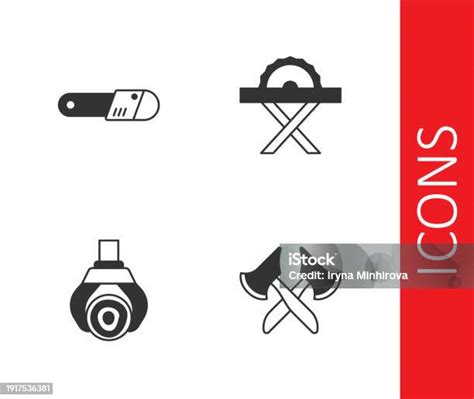 나무 도끼 전기 톱 그래플 크레인 잡기 통나무와 전기 원형 아이콘을 설정합니다 벡터 Rotary International에 대한 스톡 벡터 아트 및 기타 이미지