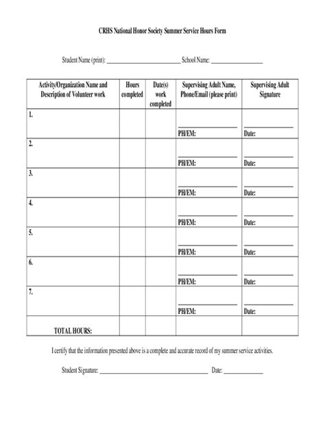 Fillable Online Service Hour Forms Must Be Turned In Within Seven 7