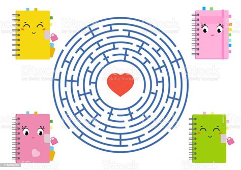 만화 캐릭터와 라운드 미로 사랑스러운 학교 교과서 아이들을위한 흥미롭고 개발 게임 간단한 플랫 절연 벡터 일러스트레이션 개념에 대한 스톡 벡터 아트 및 기타 이미지 Istock