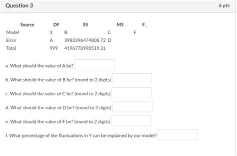 Solved Question 3 6 Pts Source Df Ss Ms F Model 3 B с F