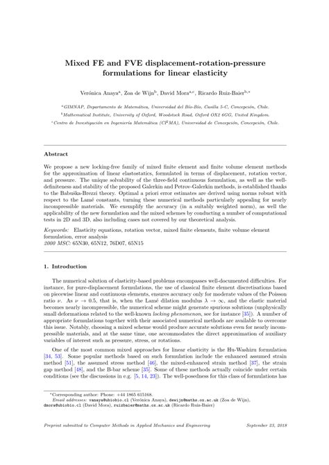 Pdf Mixed Fe And Fve Displacement Rotation Pressure Formulations For Linear Elasticity
