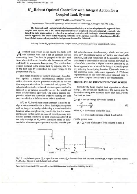 PDF H Robust Optimal Controller With Integral Action For A Coupled Tank System