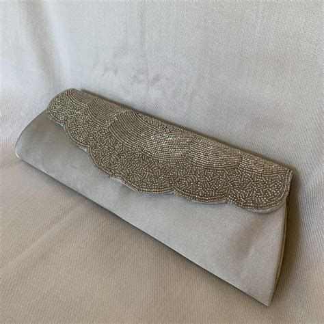 Silver Satin And Beaded Evening Clutch With Depop