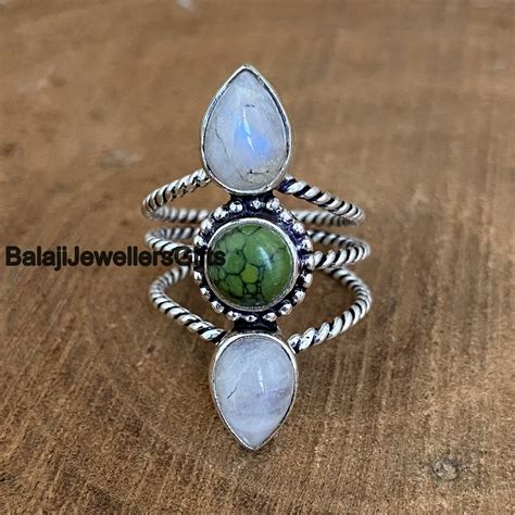 Double Moonstone Green Turquoise Ring Handmade 925 Sterling Silver Etsy