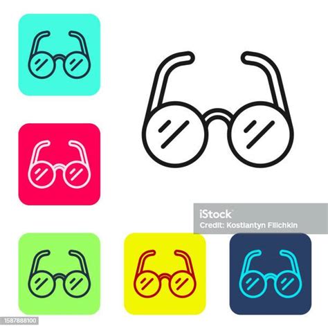 흰색 배경에 격리 된 검은 색 라인 안경 아이콘 안경 프레임 기호 색상 정사각형 단추로 아이콘을 설정합니다 벡터 3차원 형태에 대한 스톡 벡터 아트 및 기타 이미지 Istock