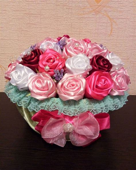 Корзиночка с розами,#атласныеленты#кружево#корзинасцветами#цветыизлент# ...