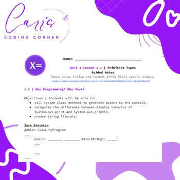 AP Computer Science A Unit Primitive Types Guided Notes TPT
