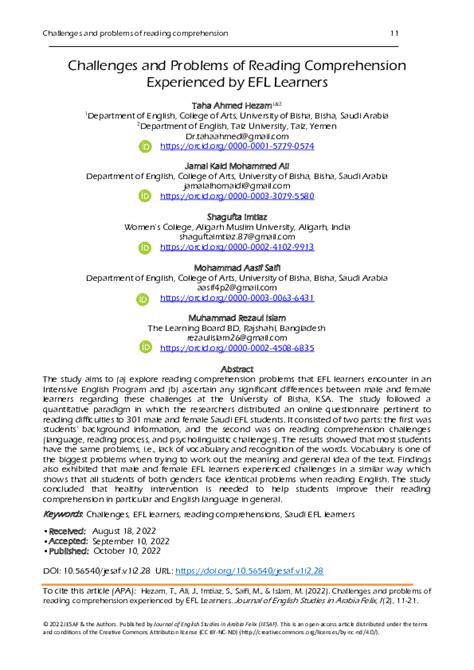 Pdf Challenges And Problems Of Reading Comprehension Experienced By Efl Learners