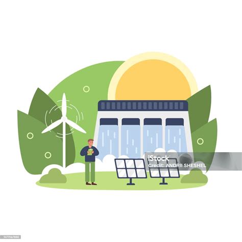 재생 가능 에너지 원 수력 발전 태양 광 및 풍력 터빈 컬러 2d 벡터 그래픽의 범위 수력 발전에 대한 스톡 벡터 아트 및 기타 이미지 수력 발전 에너지 효율 지속