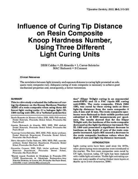 Pdf Influence Of Curing Tip Distance On Resin Composite Knoop Hardness Number Using Three