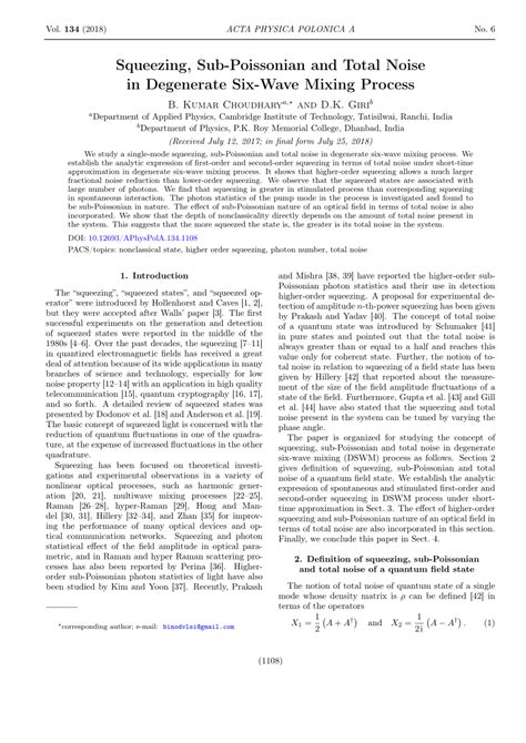 Pdf Squeezing Sub Poissonian And Total Noise In Degenerate Six Wave