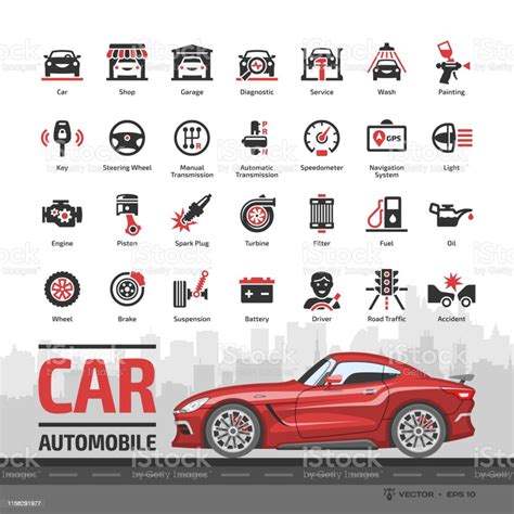 자동차 자동차 서비스 세척 및 상점 차량 수리 휠 및 타이어 오일 및 연료 엔진 배터리 브레이크 및 더 많은 글리프 기호 빨간색 스포츠 쿠페 모형 및 기본 자동차 기호로