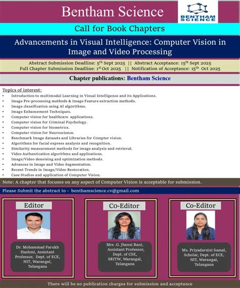 Call For Book Chapters Visual Intelligence By Bentham Science Jhansi Rani Posted On The
