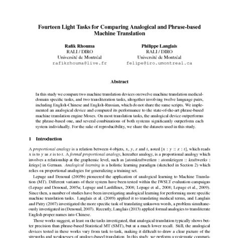 Fourteen Light Tasks For Comparing Analogical And Phrase Based Machine