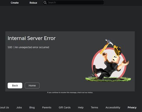 internal server error 500 on experience page roblox application and