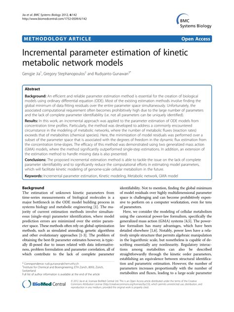 PDF Incremental Parameter Estimation Of Kinetic Metabolic Network Models