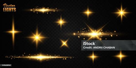 다양한 빛나는 별의 컬렉션 태양 광선에서 눈부심의 세트 빛이 번쩍입니다 광선 효과 불꽃 광채 빛 검은색 배경에 벡터 일러스트레이션 공휴일에 대한 스톡 벡터 아트 및 기타