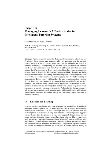 Pdf Managing Learners Affective States In Intelligent Tutoring Systems