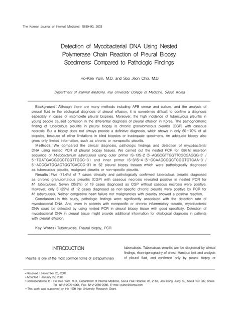 Pdf Detection Of Mycobacterial Dna Using Nested Polymerase Chain Reaction Of Pleural Biopsy