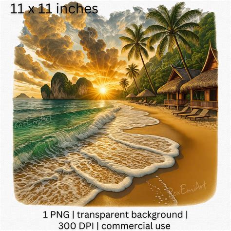 Golden Beach Sunset Png Tropical Paradise Clipart Serene Ocean Wave