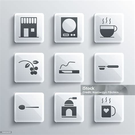 수동 커피 그라인더 커피 컵 및 하트 필터 홀더 담배 숟가락 콩 지점 상점 및 아이콘을 설정합니다 벡터 건축에 대한 스톡 벡터 아트 및 기타 이미지 Istock