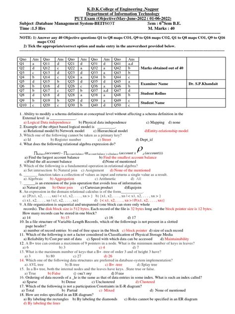 Put Dbms Objective 01 06 2022 Pdf Information Technology Data