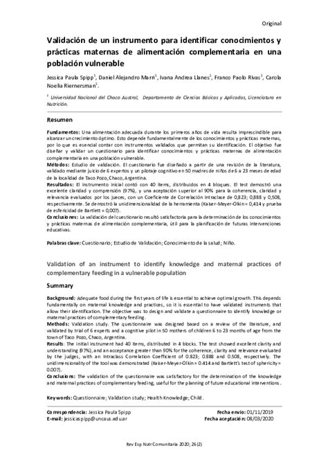 Pdf Validation Of An Instrument To Identify Knowledge And Maternal Practices Of Complementary