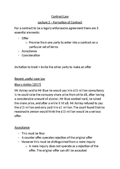lecture 2 notes contract law contract law lecture 2 formation of