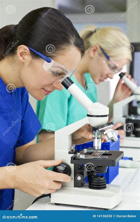 Female Scientists Using Microscopes In Laboratory Stock Photo Image Of Blond Women 14136030