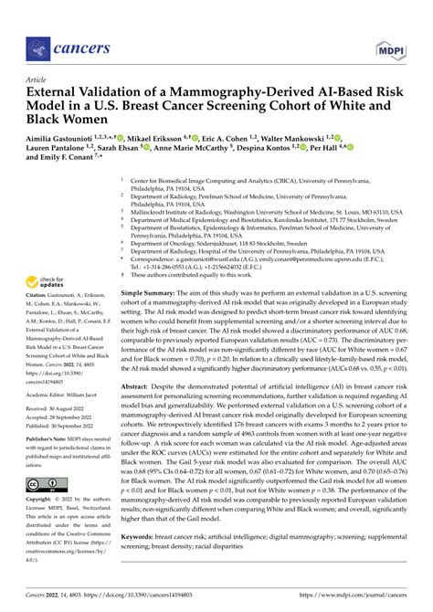 Pdf External Validation Of A Mammography Derived Ai Based Risk Model