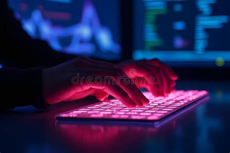 A Close Up Of Hands Typing On A Glowing Keyboard With Digital Data Streams In The Background