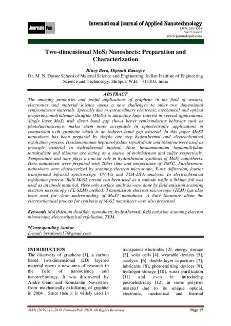 Pdf Two Dimensional Mos2 Nanosheets Preparation And Characterization