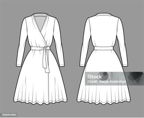 깊은 V넥 긴 소매 오버사이즈 무릎 길이 원형 컷 넥타이 플랫랩 드레스 기술 패션 일러스트 0명에 대한 스톡 벡터 아트 및 기타 이미지 Istock