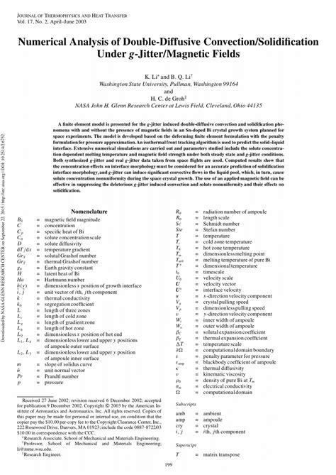 Pdf Numerical Analysis Of Double Diffusive Convectionsolidification Under G Jittermagnetic