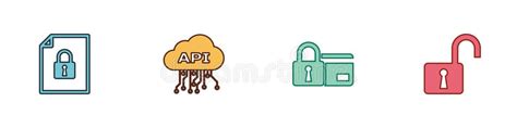Set Document And Lock Cloud Api Interface Credit Card With And Open Padlock Icon Vector Stock