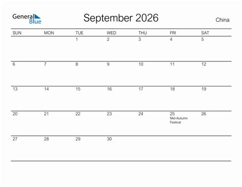 Printable September 2026 Monthly Calendar With Holidays For China