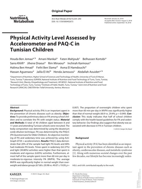 Pdf Physical Activity Level Assessed By Accelerometer And Paq C In