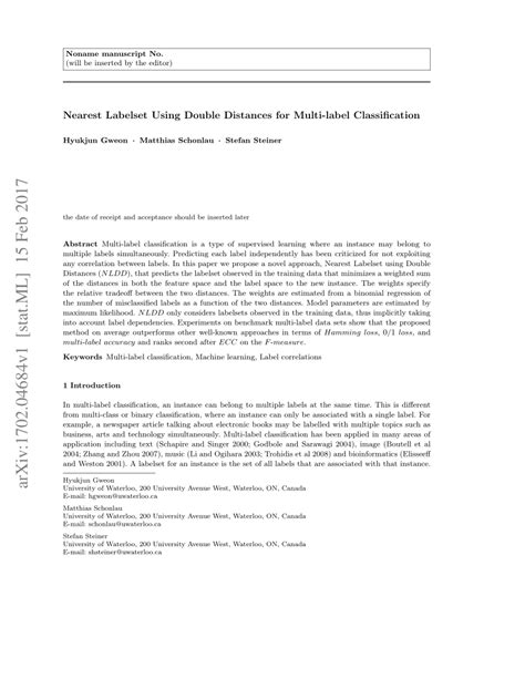 Pdf Nearest Labelset Using Double Distances For Multi Label Classification