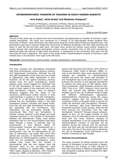 Pdf Interhemispheric Transfer Of Training In Right Handed Subjects