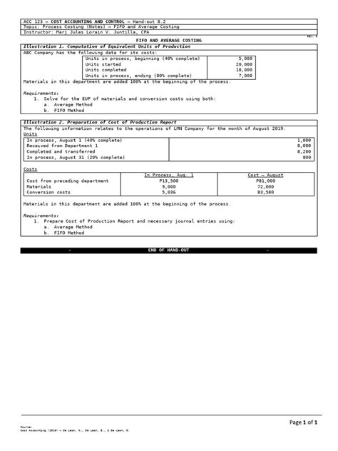 Acc 123 Ho 82 Process Costing Notes Fifoaverage Pdf Accounting