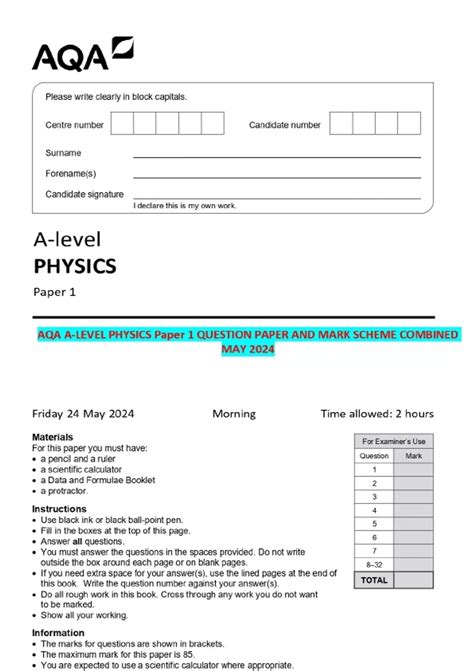 Aqa A Level Physics Paper 1 Question Paper And Mark Scheme Combined May 2024 Aqa Stuvia Us